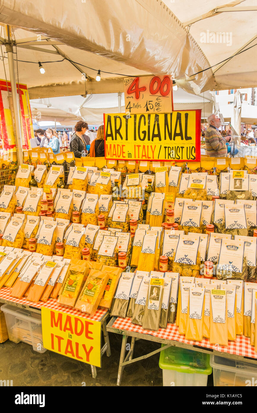different types of pasta for sale at a stall at campo dei fiori market ...