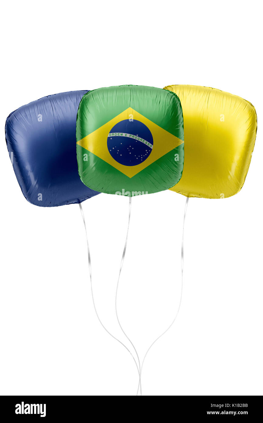 Three balloons represent Brazil flag colors are floating on a white ...