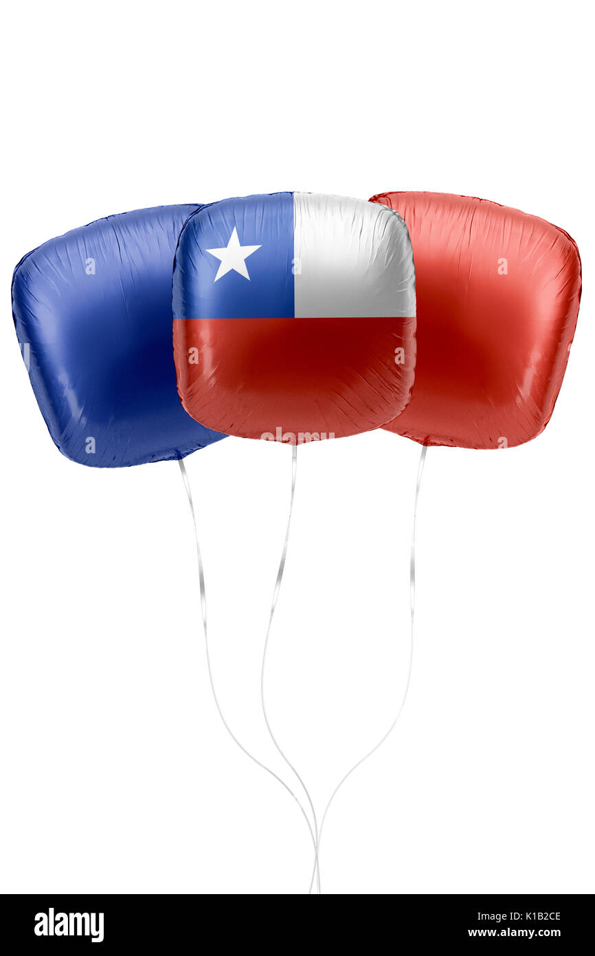Three balloons represent Chile flag colors are floating on a white ...