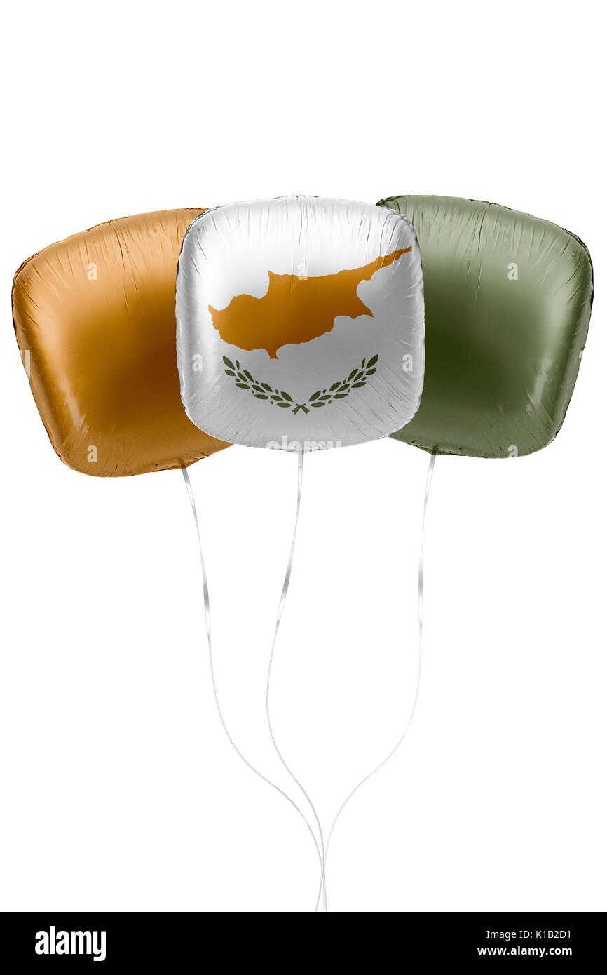 Three balloons represent Cyprus flag colors are floating on a white ...