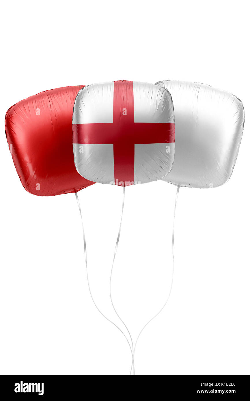 Three balloons represent England flag colors are floating on a white ...