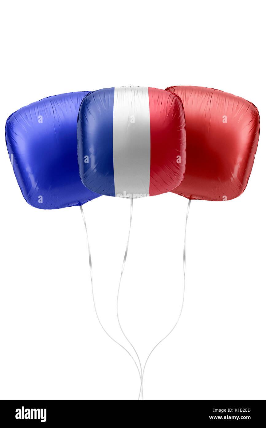 Three balloons represent French flag colors are floating on a white ...