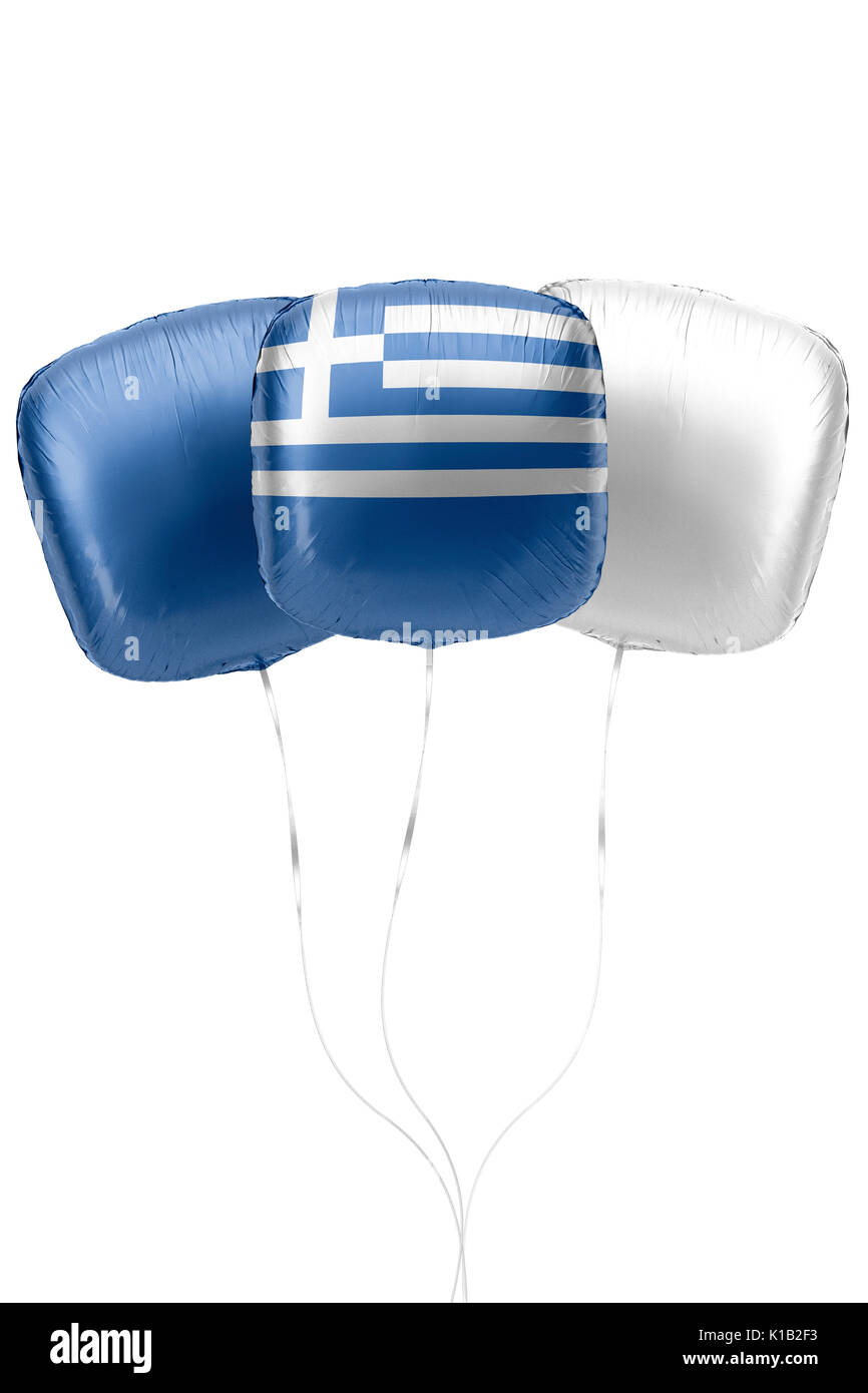 Three balloons represent Greece flag colors are floating on a white ...