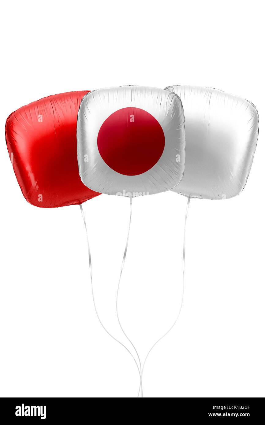 Three balloons represent Japanese flag colors are floating on a white ...