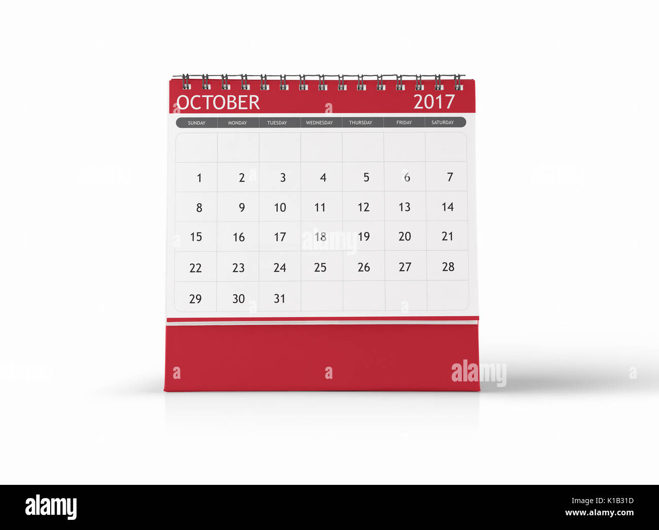 2017 October page of a desktop calendar on white background. 3D ...