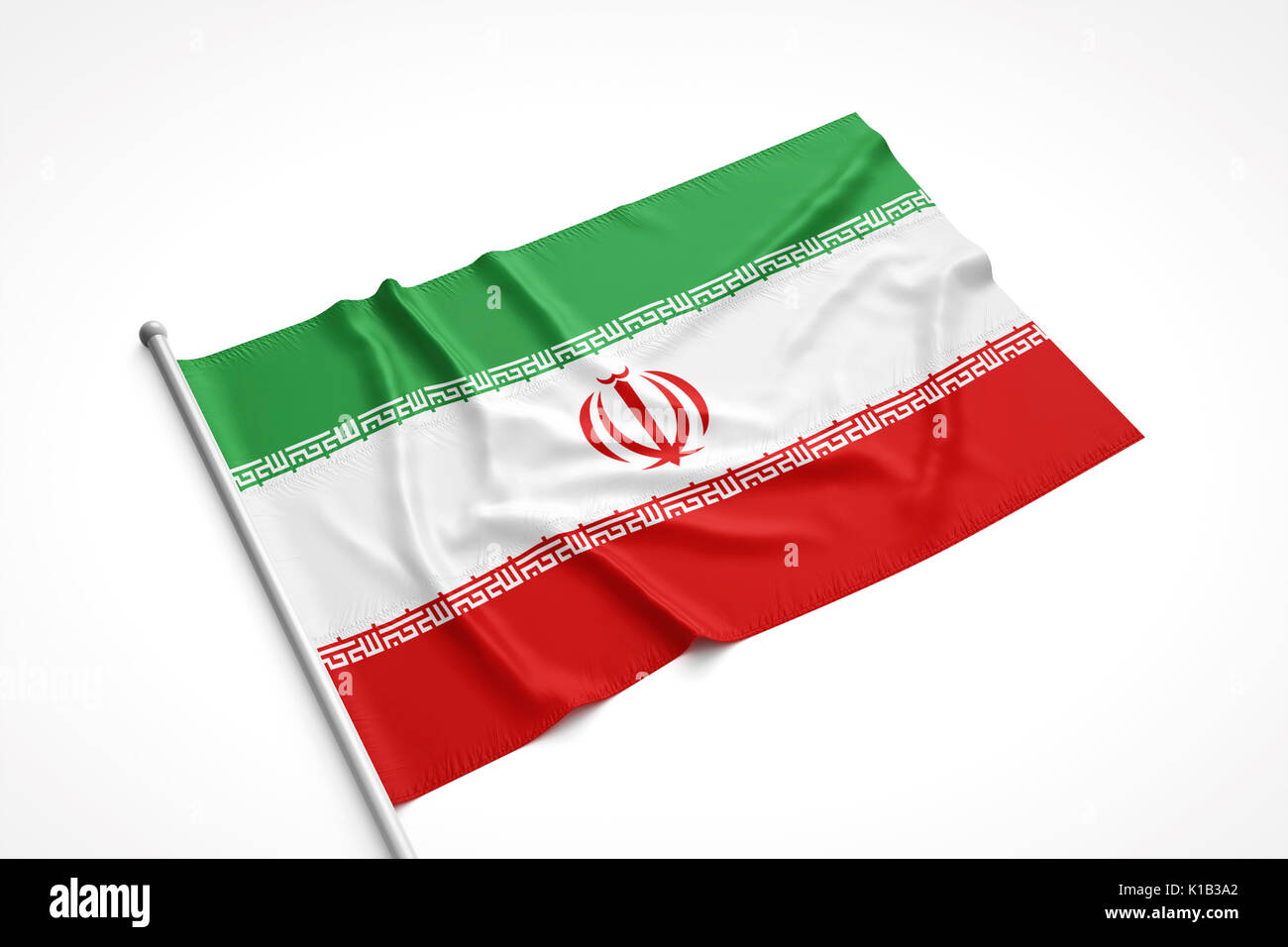 Iran flag is laying on a white surface with flag pole attached. 3D ...