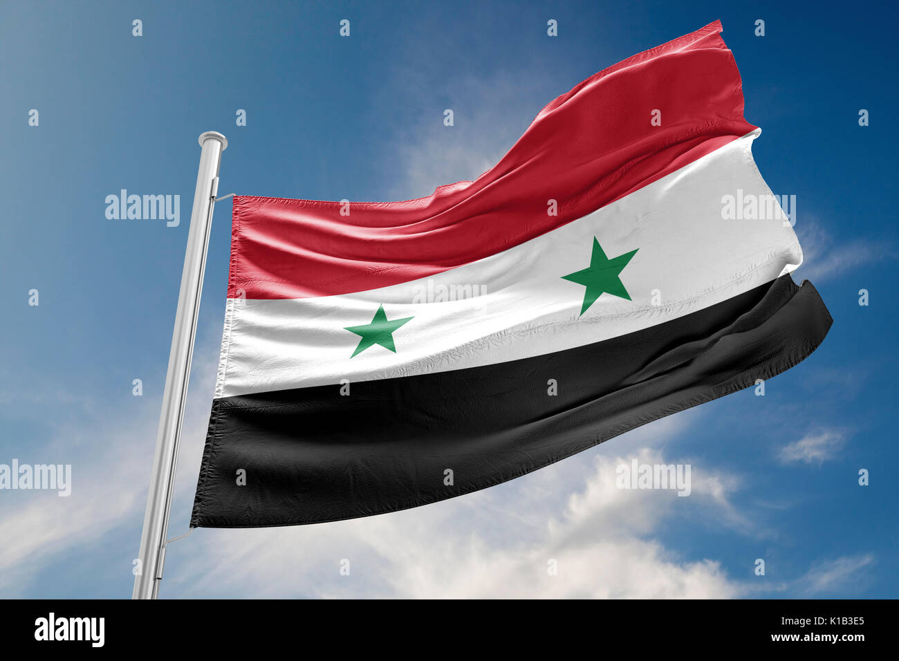Syrian flag is waving at a beautiful and peaceful sky in day time while ...
