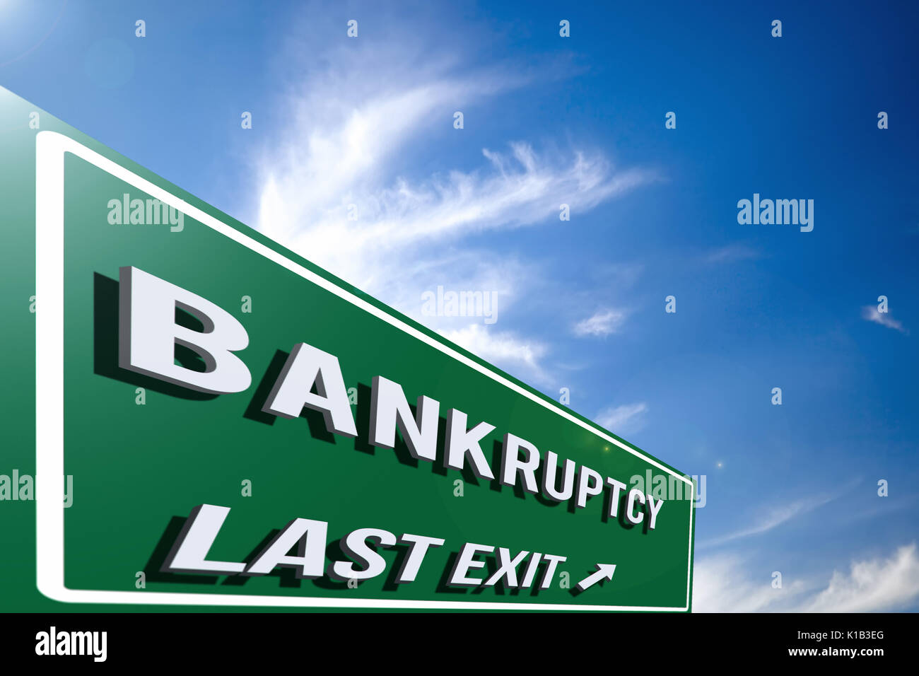 Hi-res 3D highway "Bankruptcy" road sign against a blue sky with ...