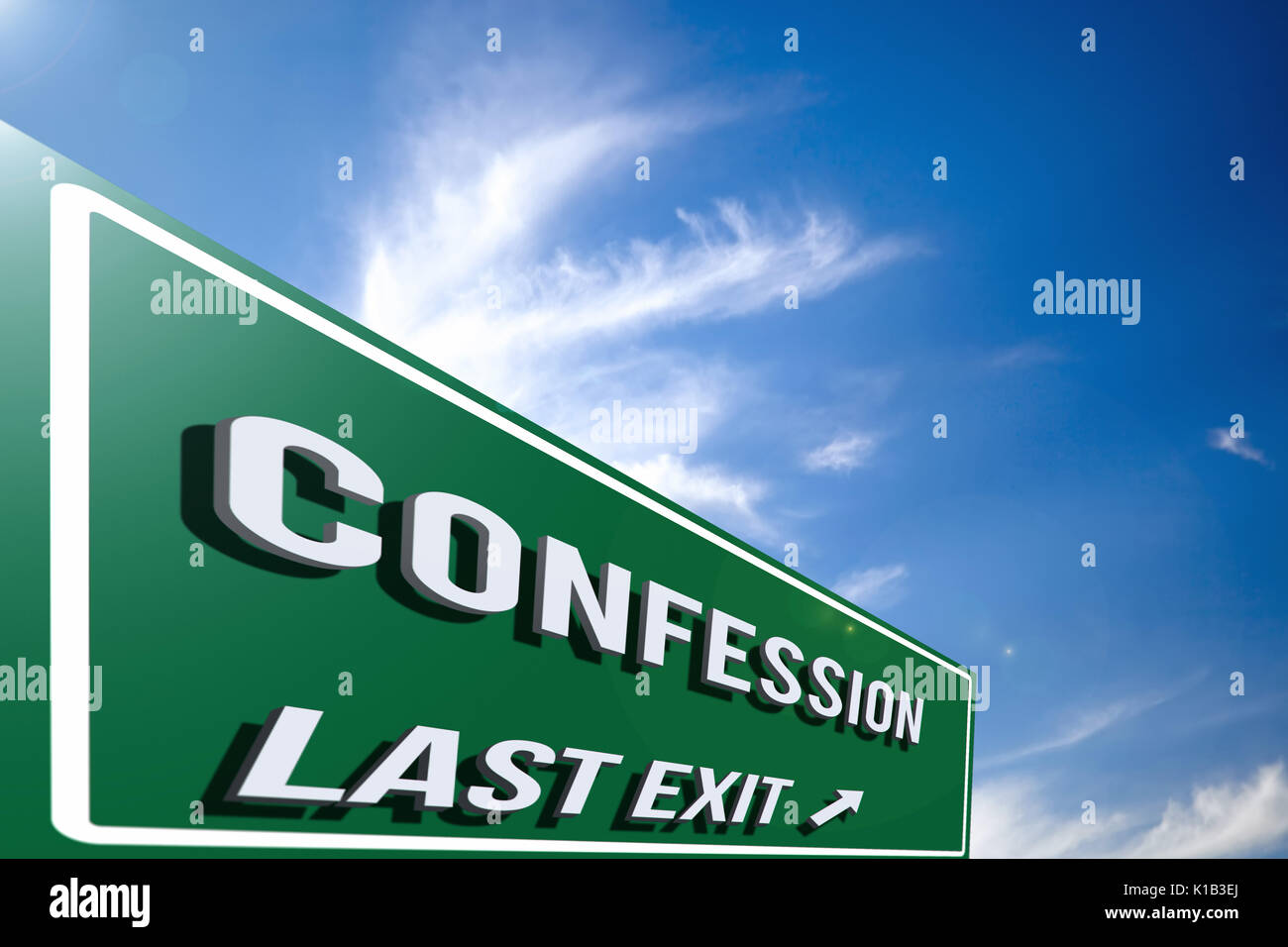 Hi-res 3D highway "Confession" road sign against a blue sky with ...