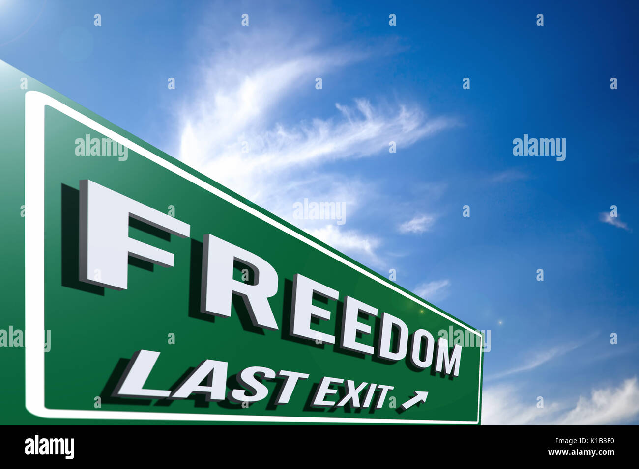 Hi-res 3D highway "Freedom" road sign against a blue sky with ...
