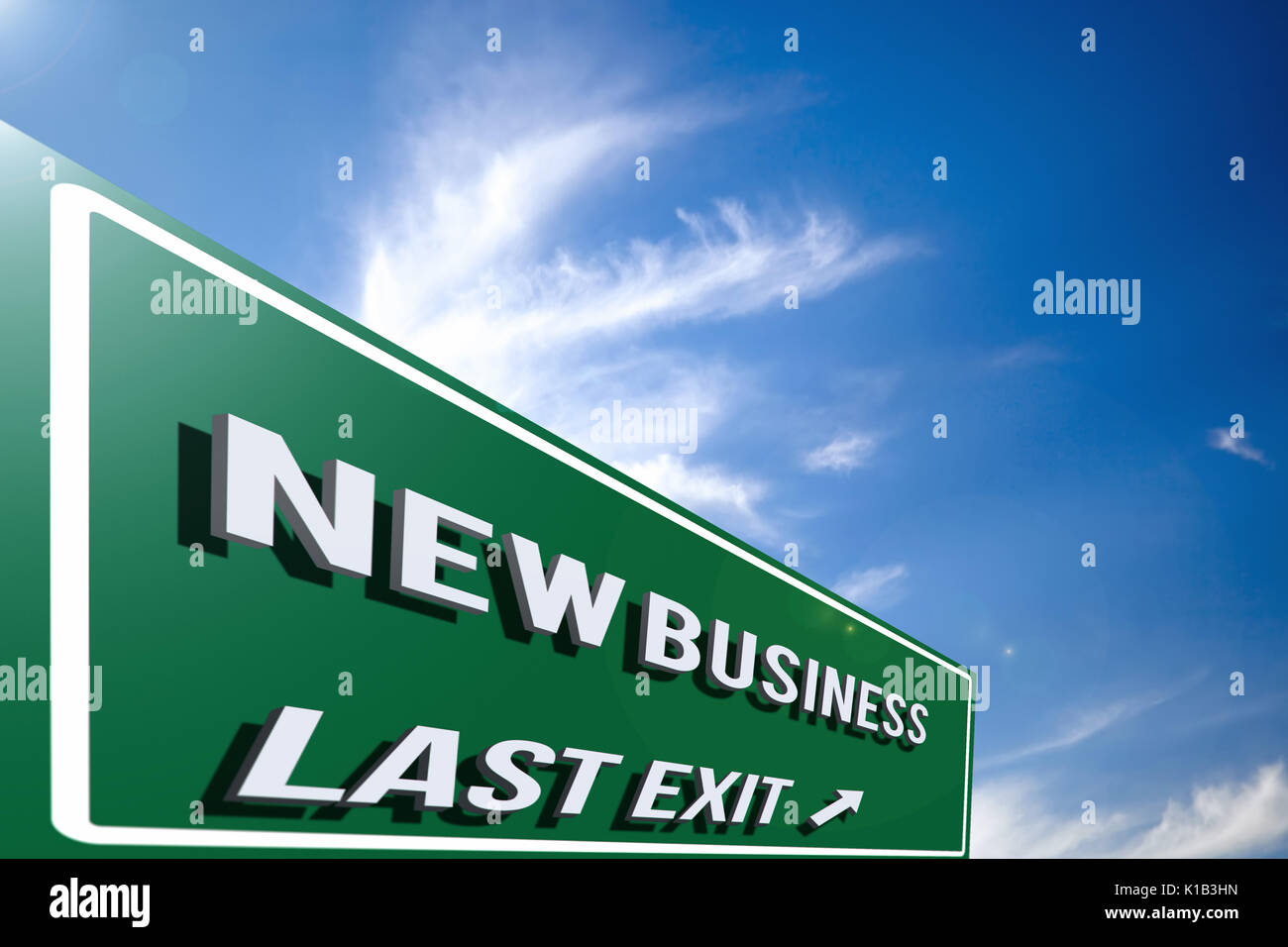 Hi-res 3D highway "New Business" road sign against a blue sky with ...