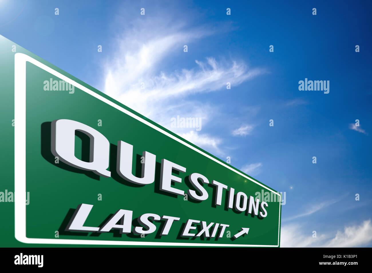 Hi-res 3D highway "Questions" road sign against a blue sky with ...