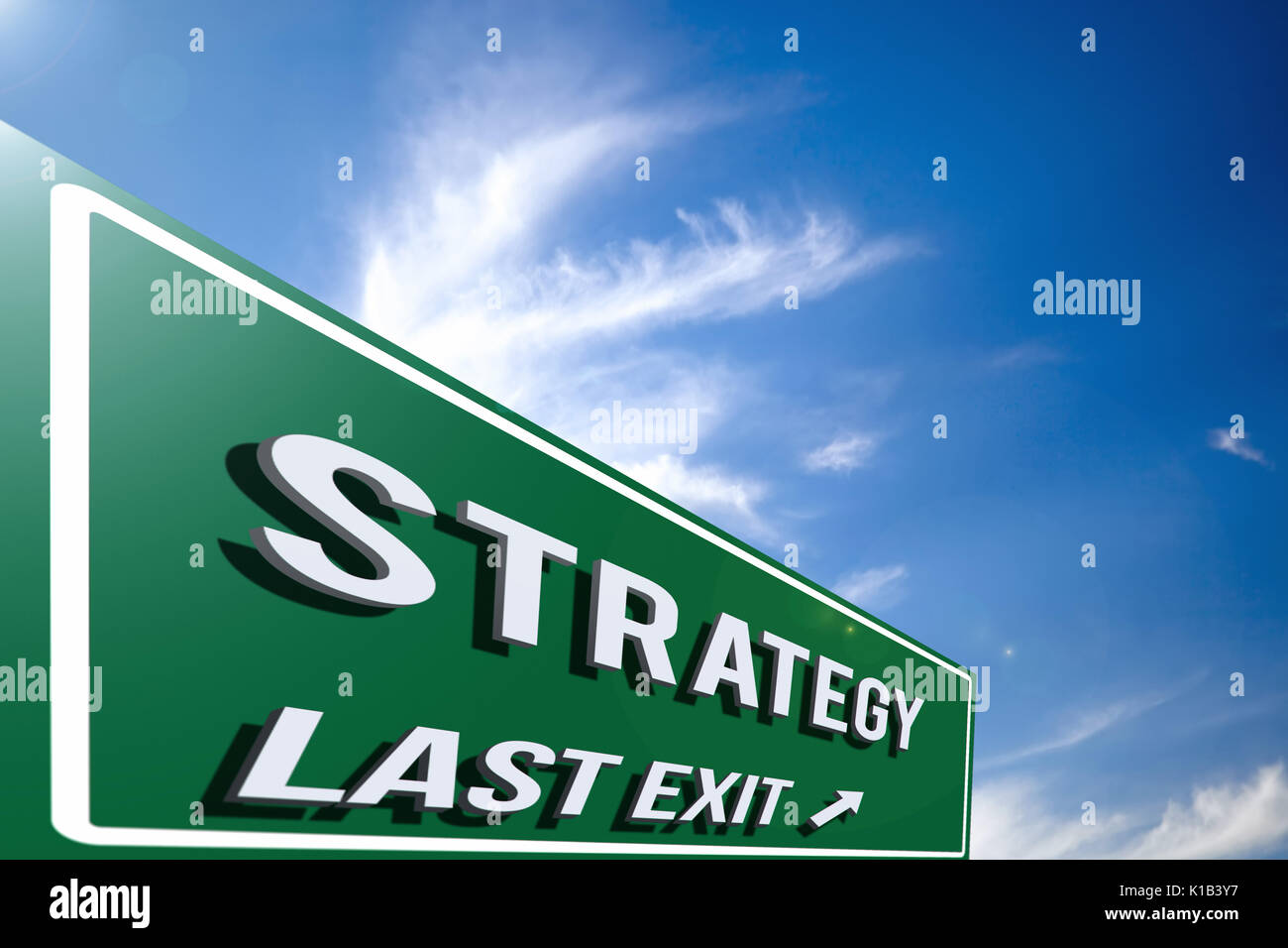 Hi-res 3D highway "Strategy" road sign against a blue sky with ...