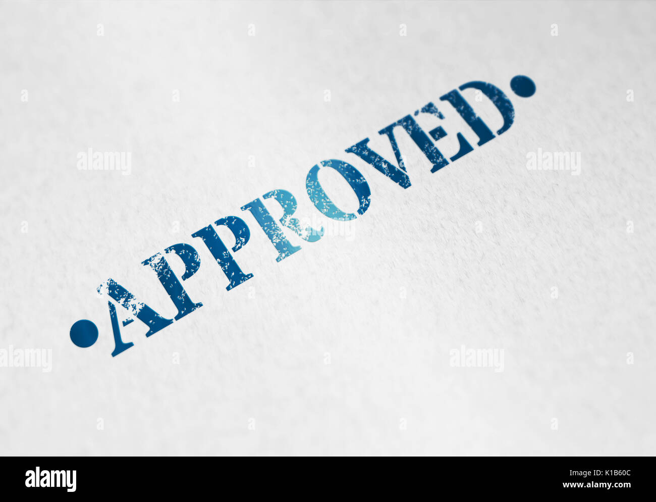 White textured paper is stamped with "Approved" label. 3D rendering ...