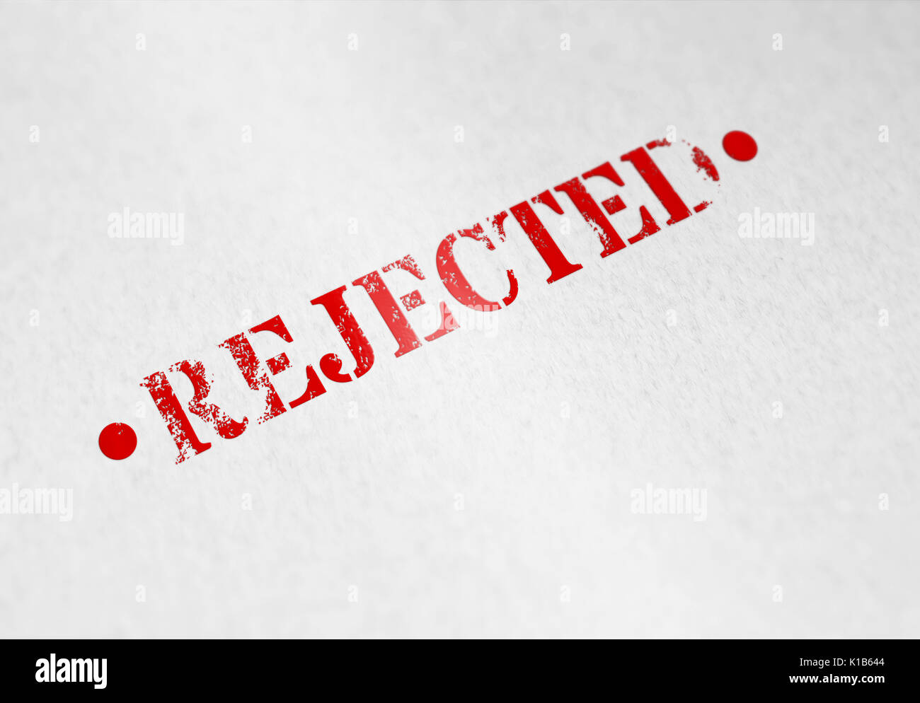 White textured paper is stamped with "Rejected" label. 3D rendering ...
