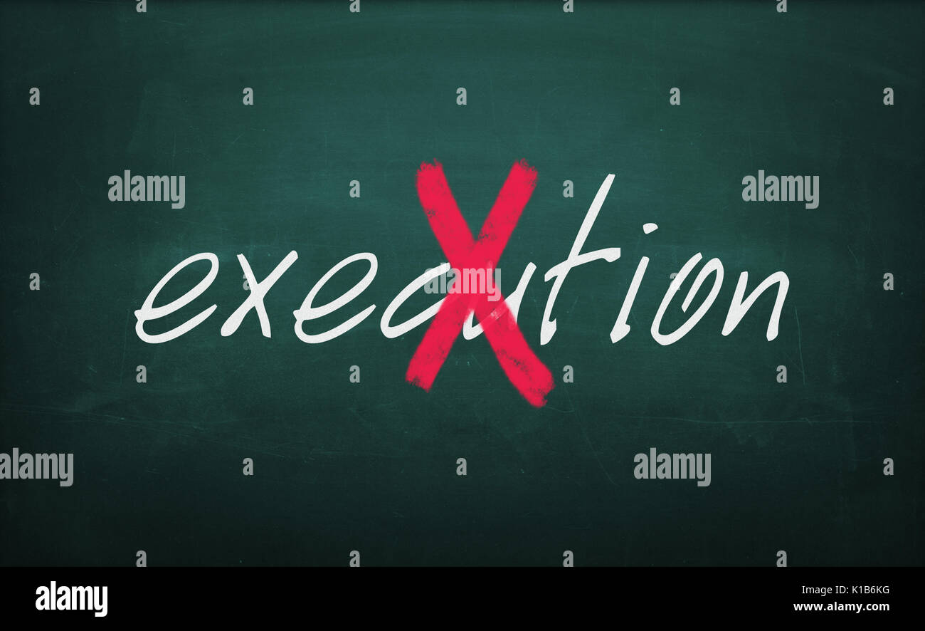 Conceptual text "execution" written with chalk on a dirty blackboard ...