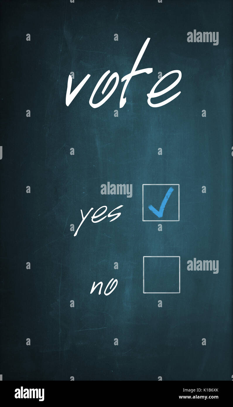 Conceptual text "Vote" written with chalk on a dirty blackboard and yes ...