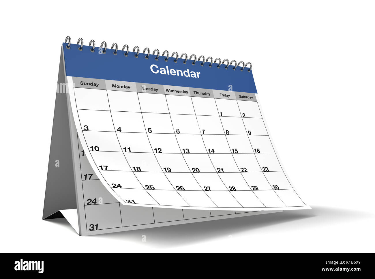 A general monthly calendar's page while it's turning on isolated white ...
