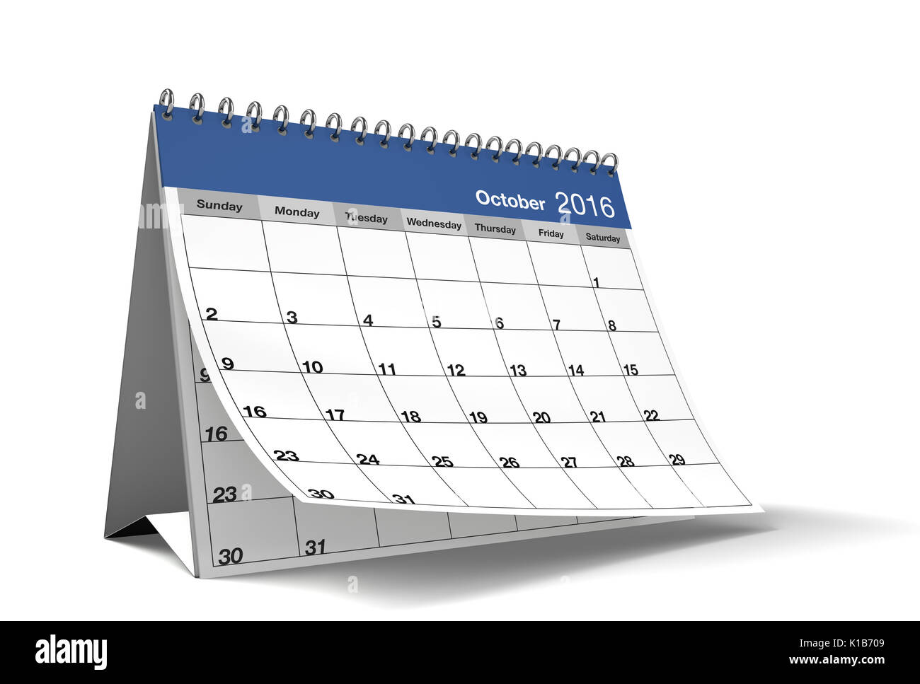 2016 October page of a desktop calendar is on isolated white background ...