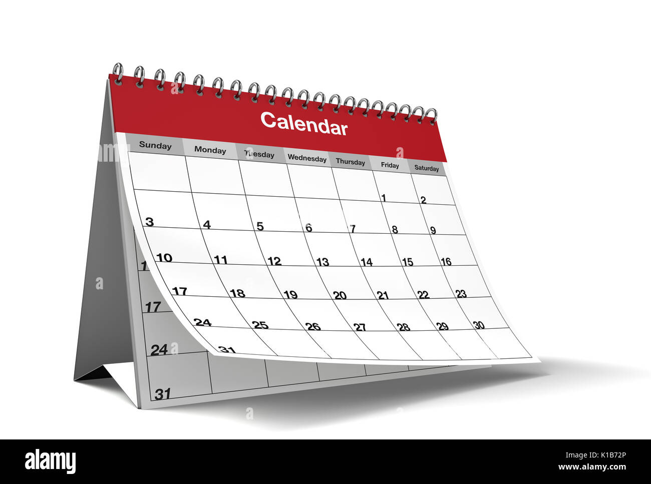 A general monthly calendar's page while it's turning on isolated white ...