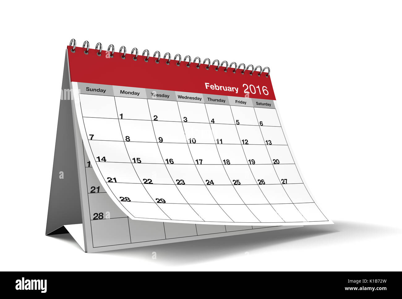 2016 February page of a desktop calendar is on isolated white ...