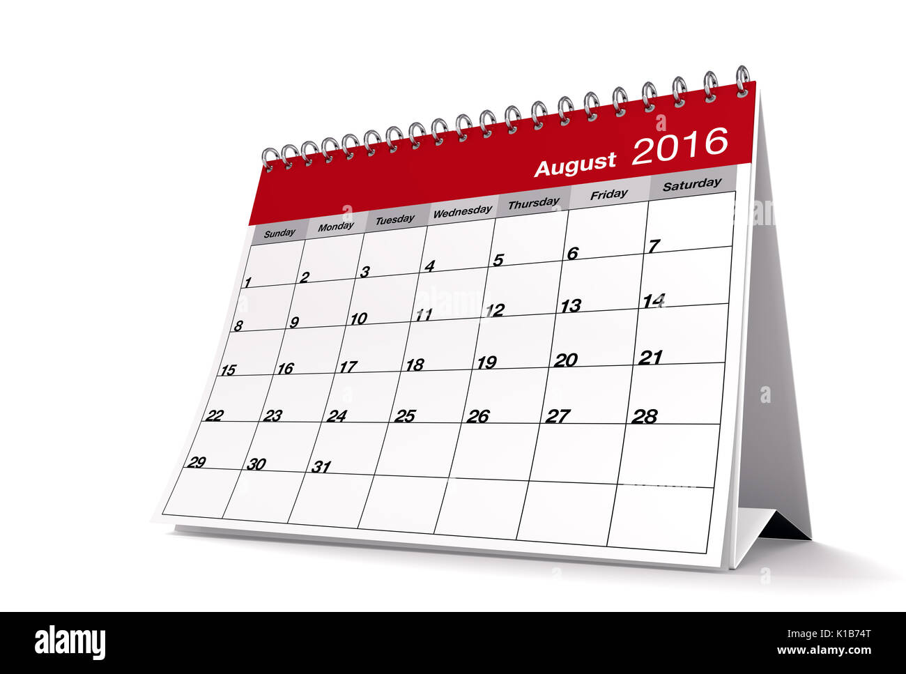 2016 August page of a desktop calendar is on isolated white background ...