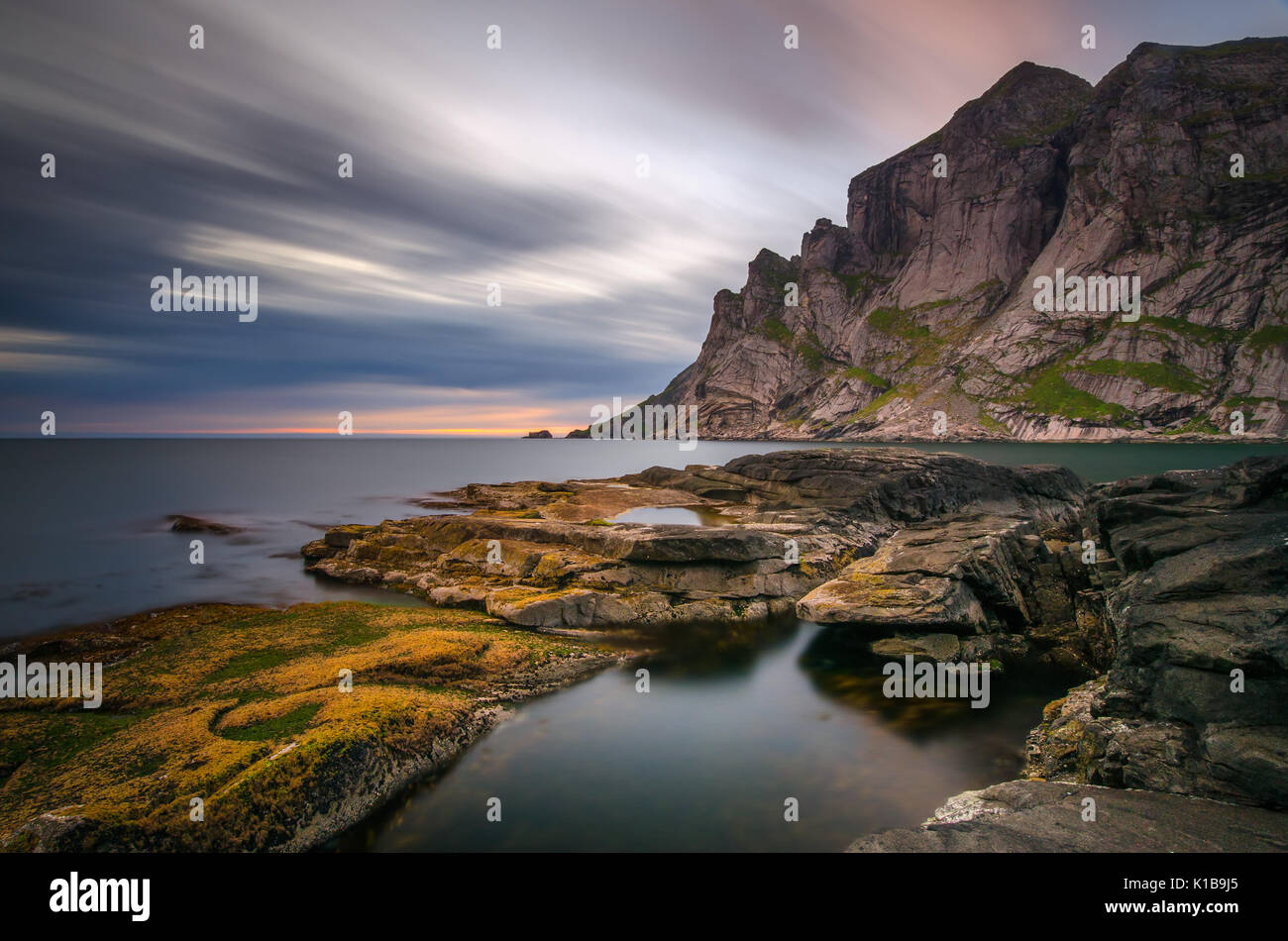 Sunset on Bunes Beach coastline, Lofoten Stock Photo - Alamy
