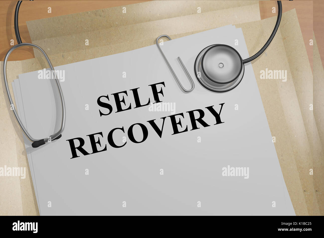 3D illustration of "SELF RECOVERY" title on medical documents. Medicial ...