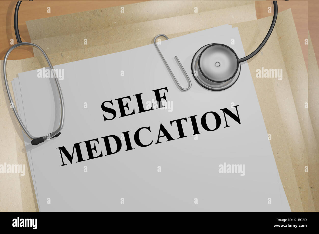 3D illustration of "SELF MEDICATION" title on medical documents ...