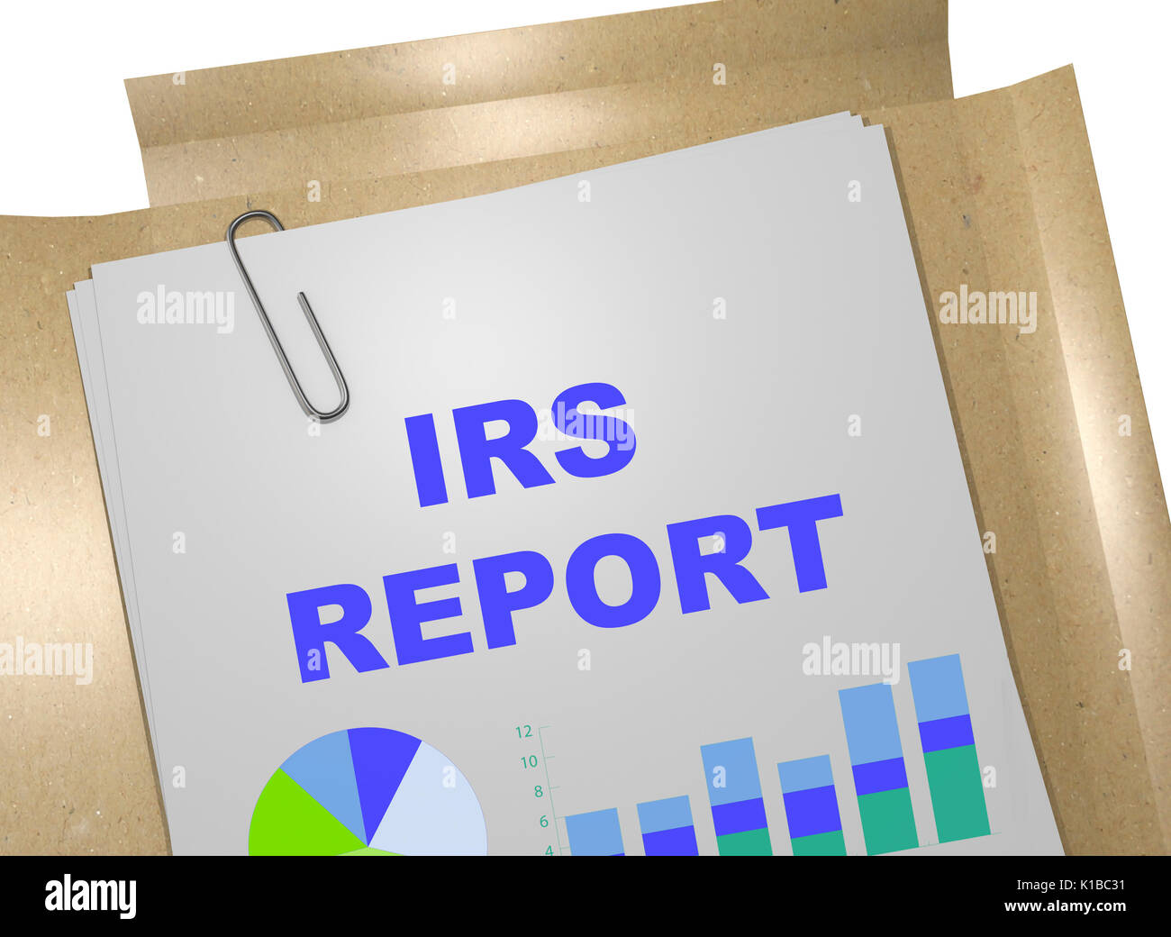 3D illustration of "IRS REPORT" title on business document. Business ...