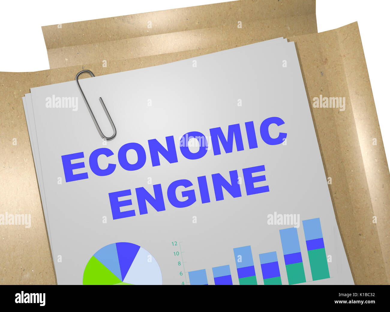 3D illustration of "ECONOMIC ENGINE" title on business document ...