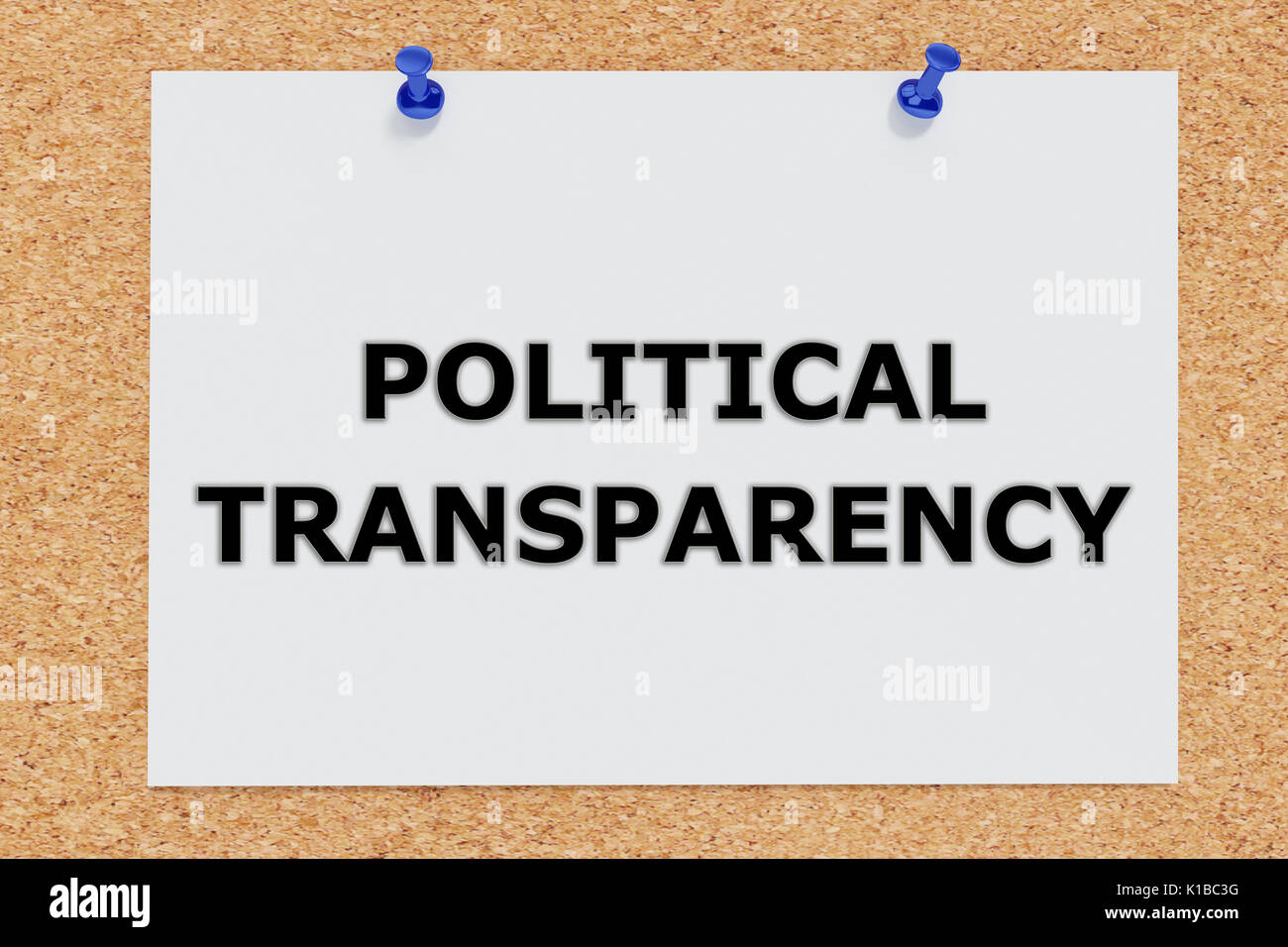 3D illustration of "POLITICAL TRANSPARENCY" on cork board. Political ...