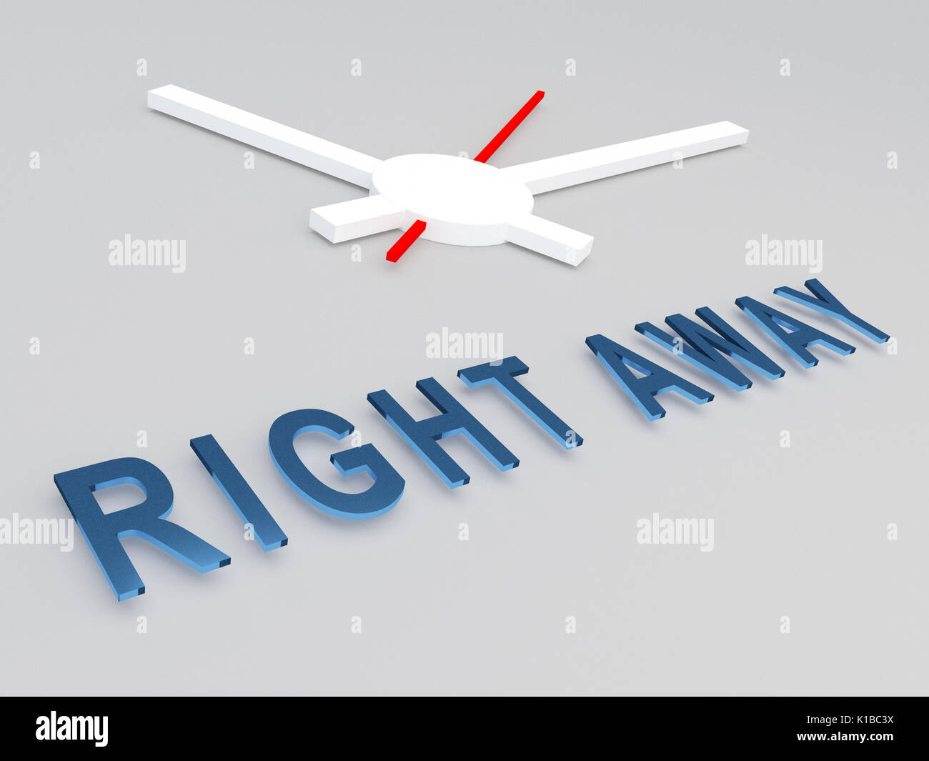3D illustration of "RIGHT AWAY" title with a clock as a background ...