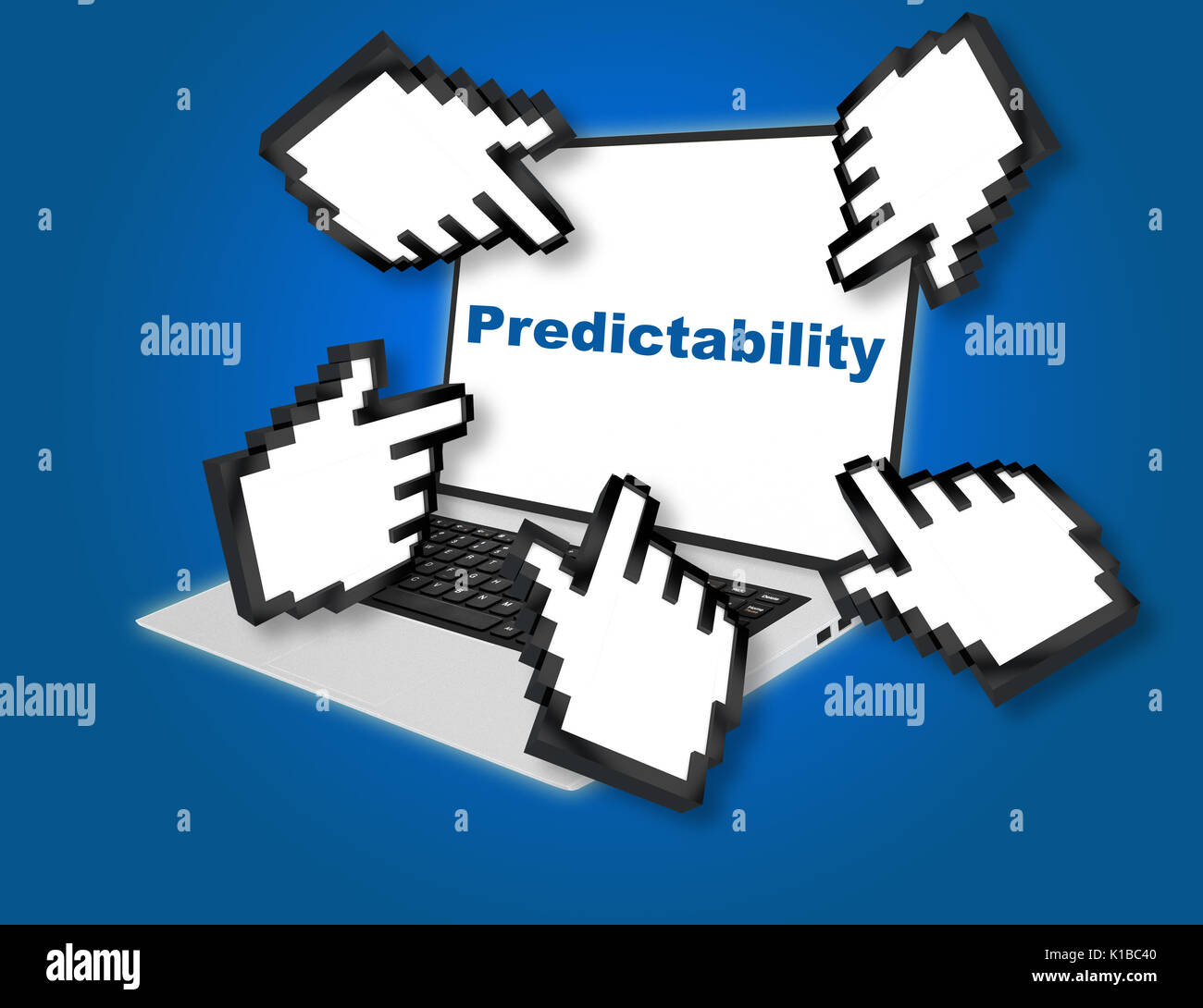 3D illustration of "Predictability" script with pointing hand icons ...