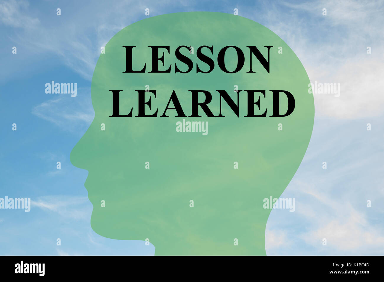 Render illustration of "LESSON LEARNED" script on head silhouette, with ...