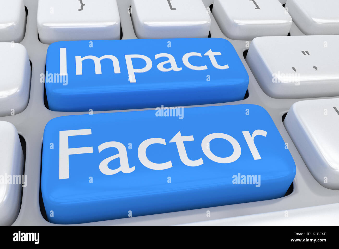 3D illustration of computer keyboard with the script "Impact Factor" on two adjacent pale blue ...