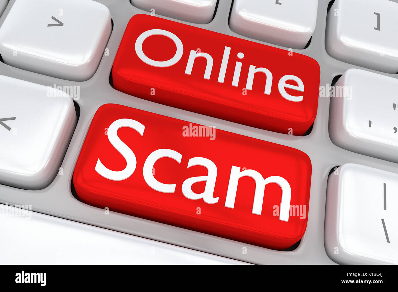 3D illustration of computer keyboard with the print "Online Scam" concept on two adjacent red ...