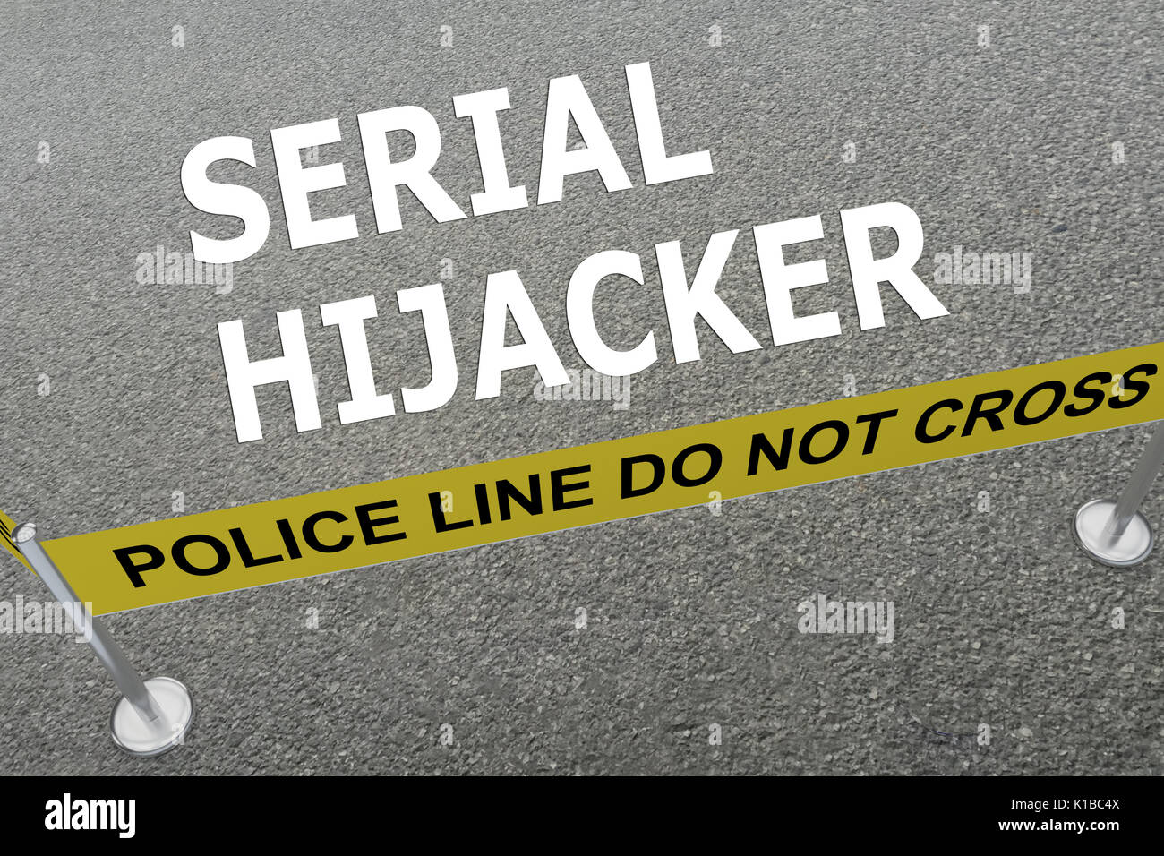 3D illustration of "SERIAL HIJACKER" title on the ground in a police ...