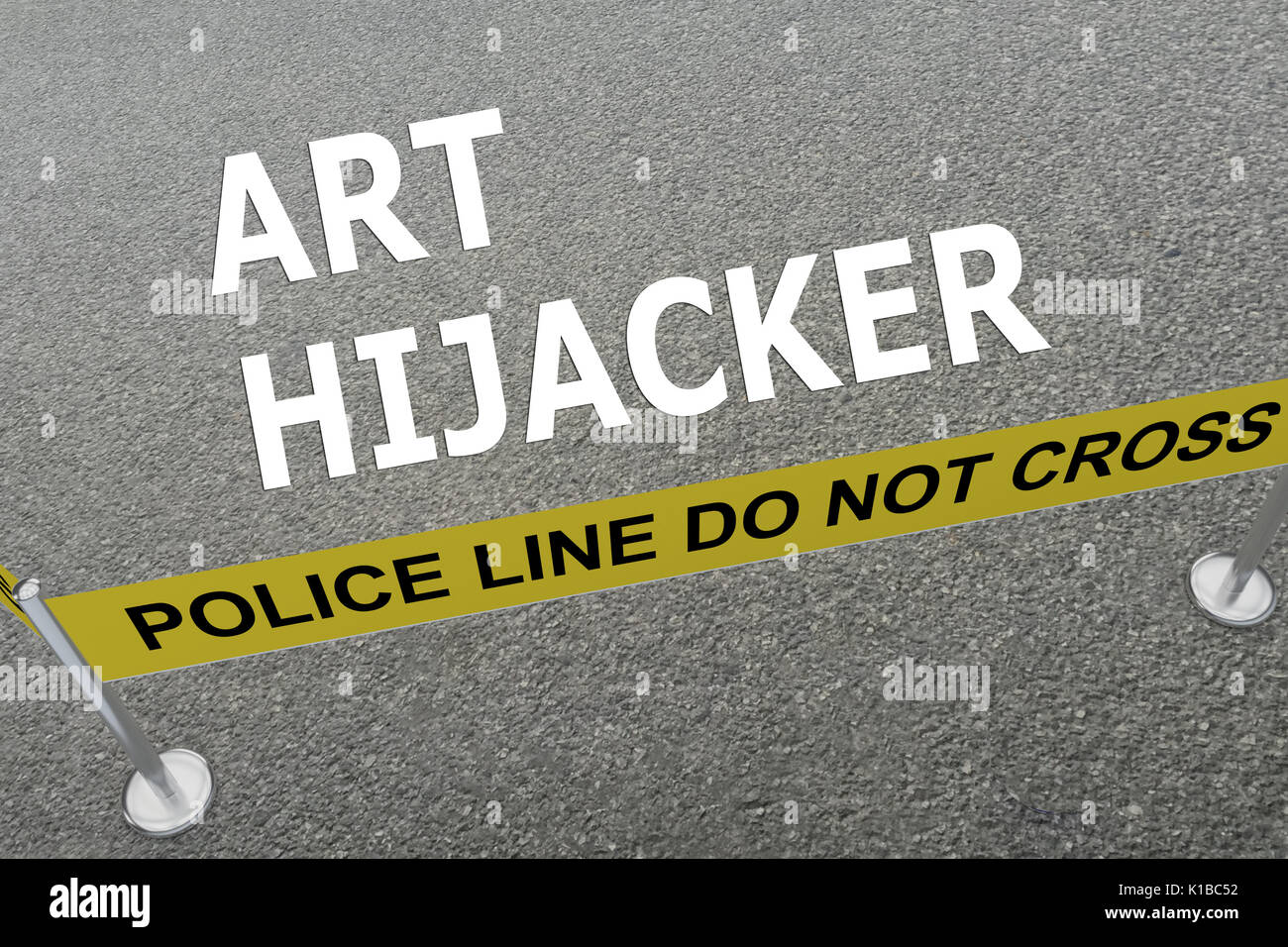 3D illustration of "ART HIJACKER" title on the ground in a police arena ...