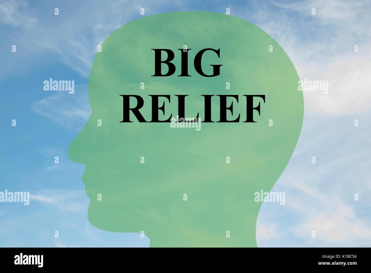 Render illustration of "BIG RELIEF" script on head silhouette, with ...