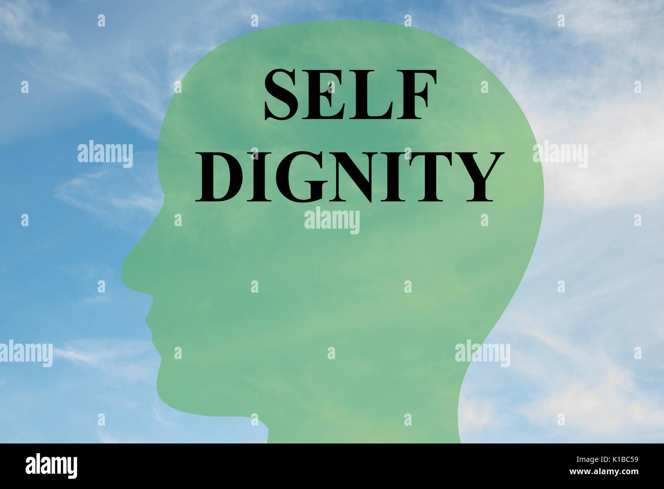 Render illustration of "SELF DIGNITY" script on head silhouette, with ...