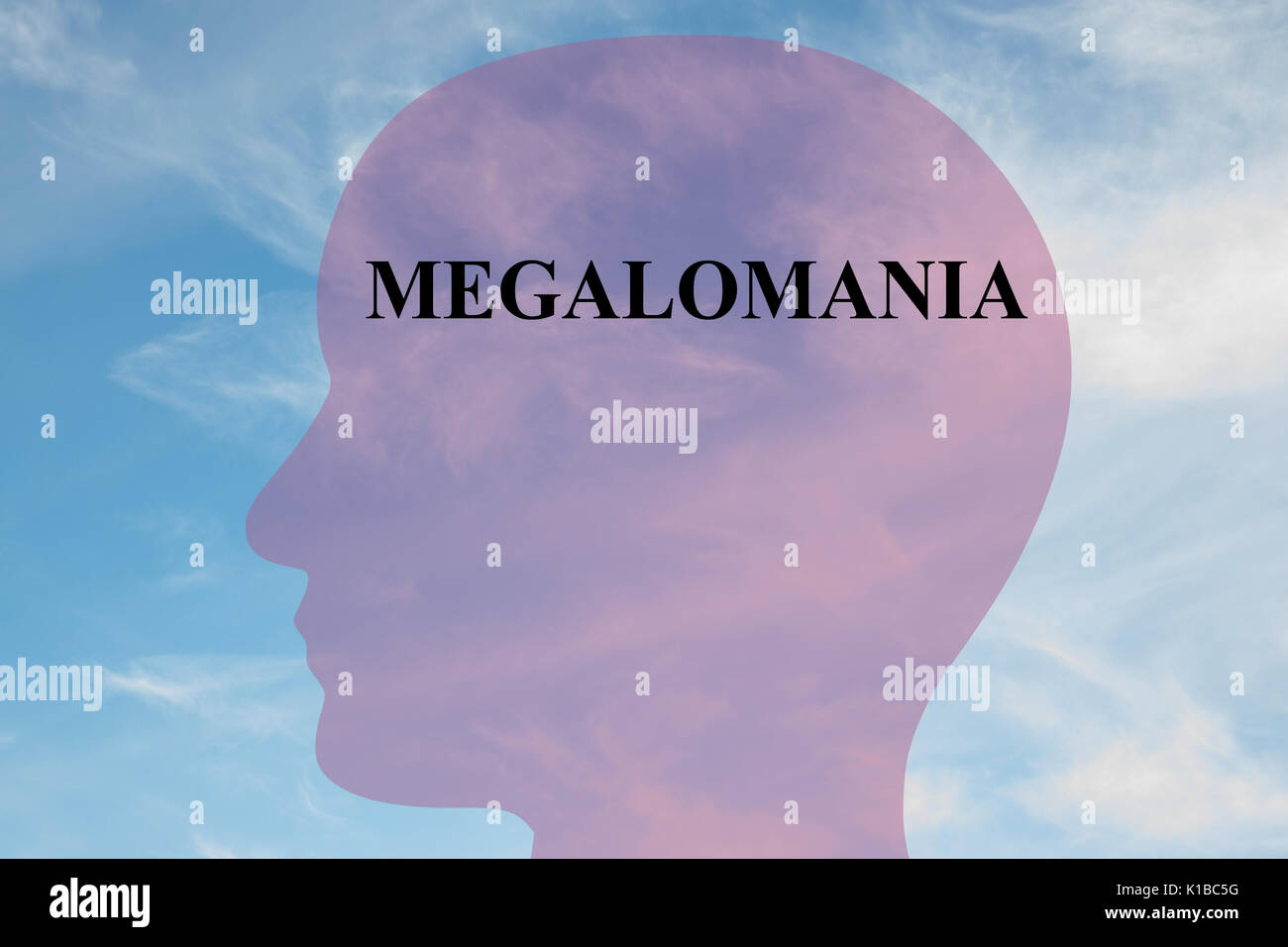 Render illustration of "MEGALOMANIA" script on head silhouette, with ...