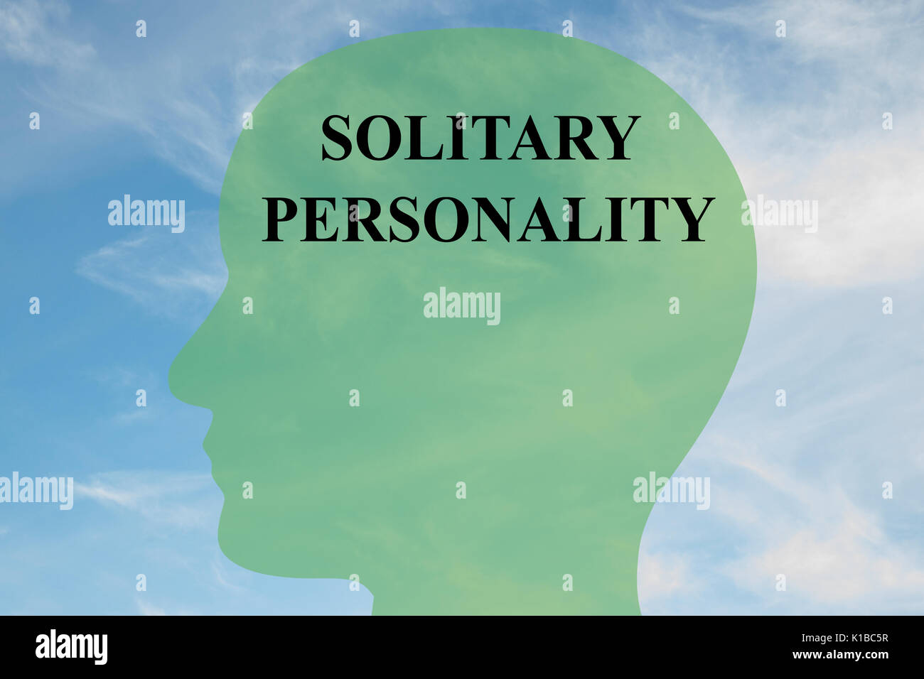 Render illustration of "SOLITARY PERSONALITY" script on head silhouette ...