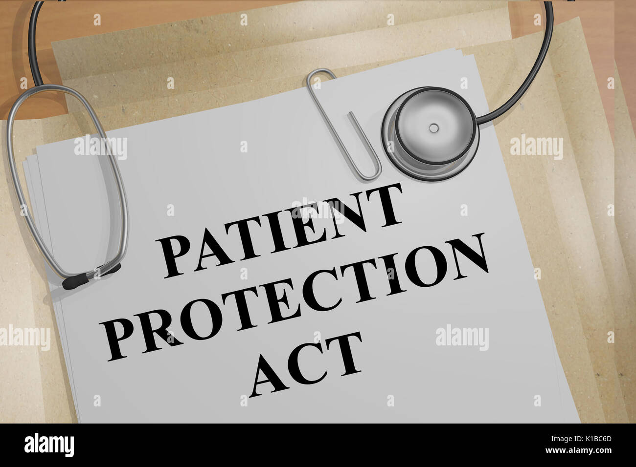 3D illustration of "PATIENT PROTECTION ACT" title on medical documents ...