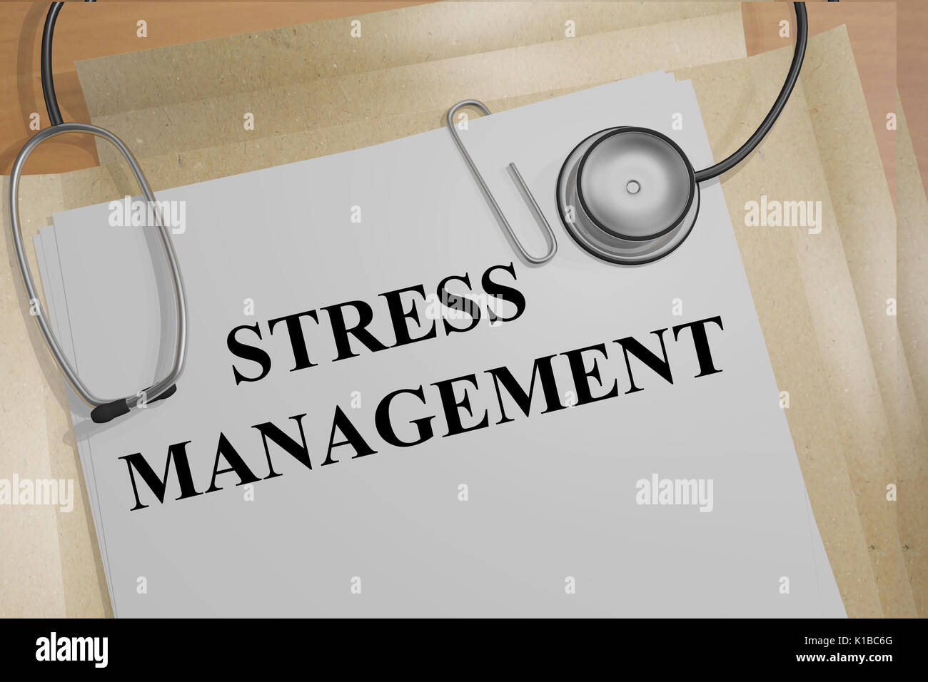 3D illustration of "STRESS MANAGEMENT" title on medical documents ...