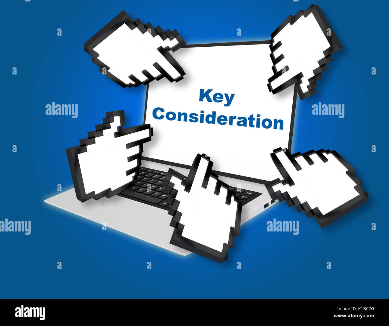3D illustration of "Key Consideration" script with pointing hand icons ...