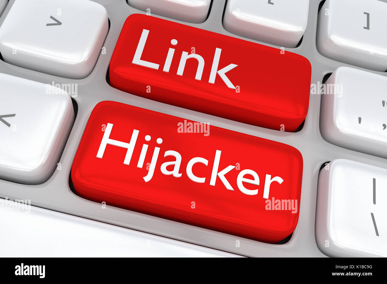 3D illustration of computer keyboard with the print "Link Hijacker" concept on two adjacent red ...