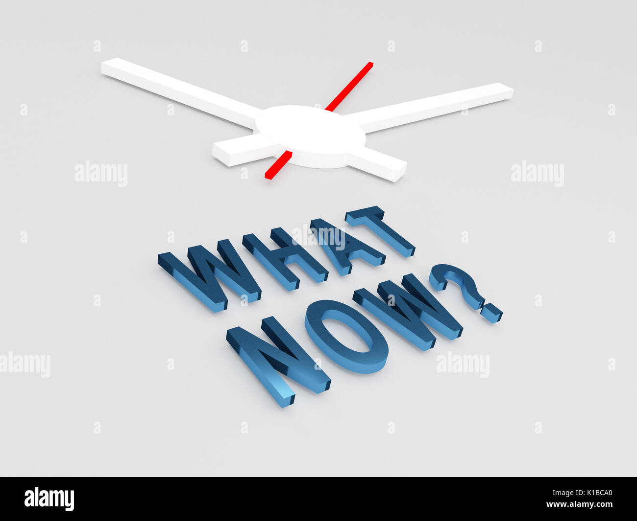 3D illustration of "WHAT NOW?" title with a clock as a background. Time ...