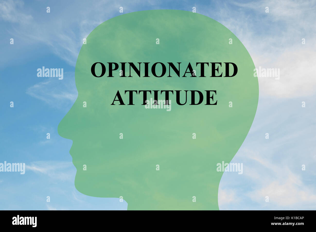 Render illustration of OPINIONATED ATTITUDE script on head silhouette ...