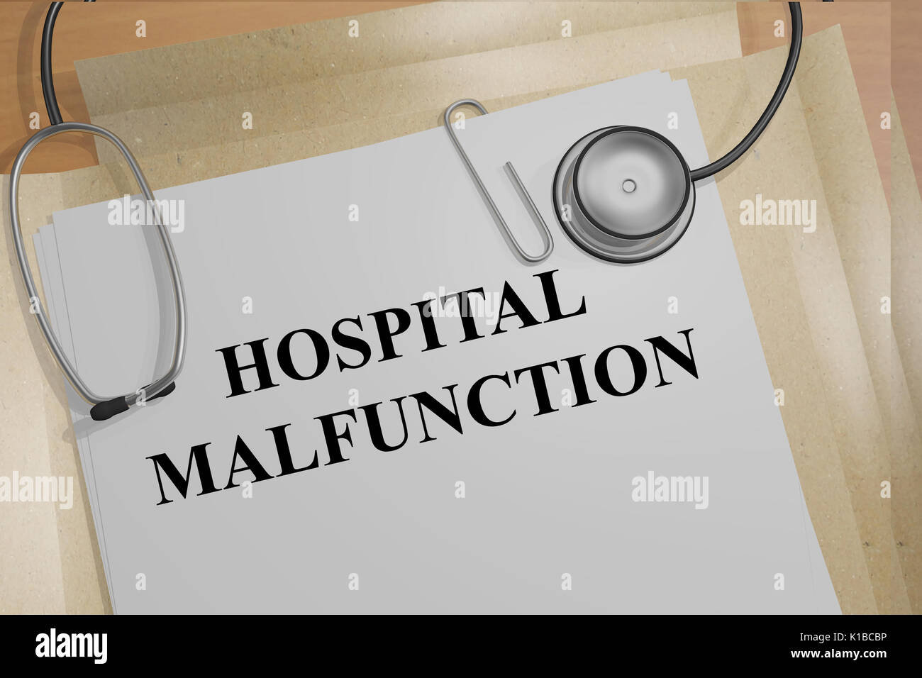 3D illustration of HOSPITAL MALFUNCTION title on medical documents ...